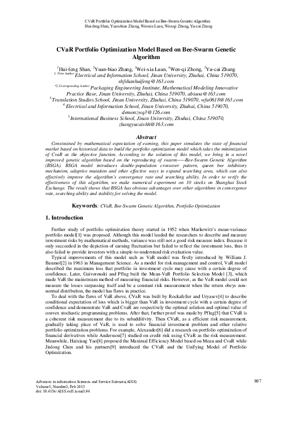 (PDF) CVaR Portfolio Optimization Model Based on Bee-Swarm Genetic Algorithm