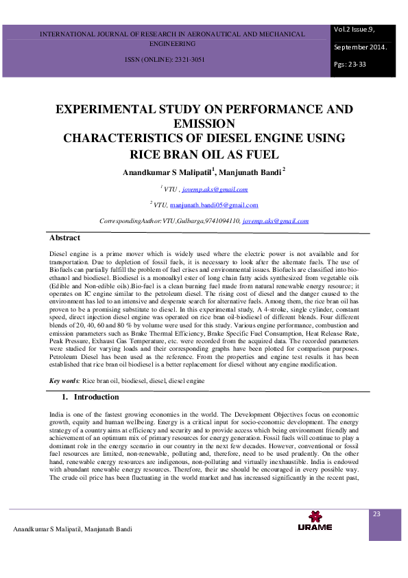 (PDF) EXPERIMENTAL STUDY ON PERFORMANCE AND EMISSION CHARACTERISTICS OF DIESEL ENGINE USING RICE ...
