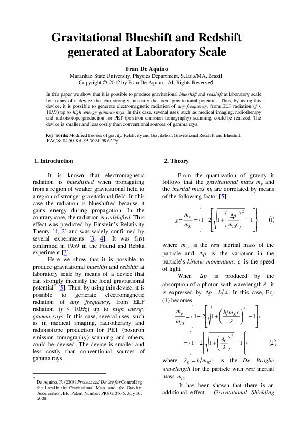 (PDF) Gravitational Blueshift and Redshift generated at Laboratory Scale