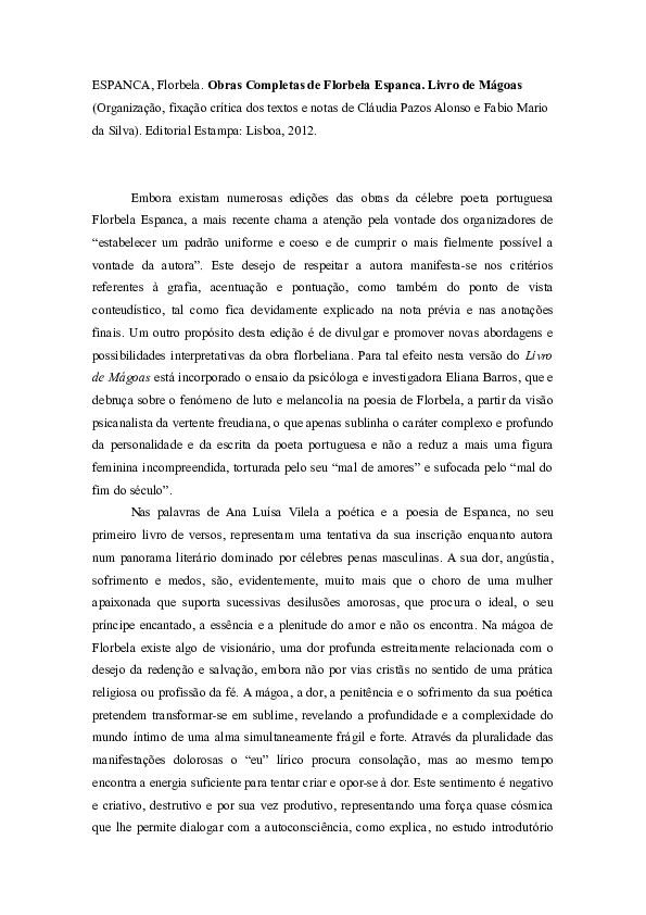 (DOC) Recensão do "Livro de Mágoas" de Florbela Espanca