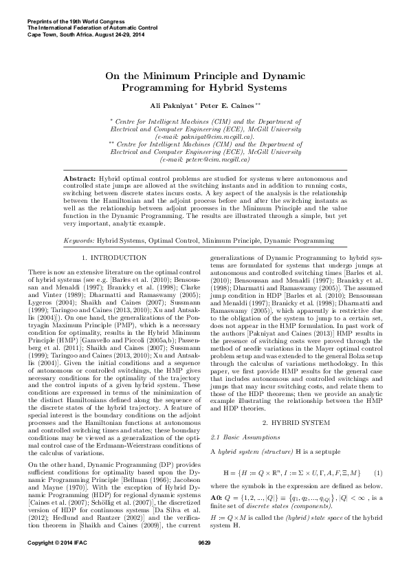 Pdf On The Minimum Principle And Dynamic Programming For Hybrid Systems