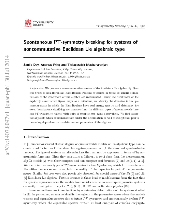 (PDF) Spontaneous PT-symmetry breaking for systems of noncommutative Euclidean Lie algebraic type