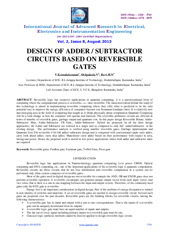 Pdf Design Of Adder Subtractor Circuits Based On Reversible Gates