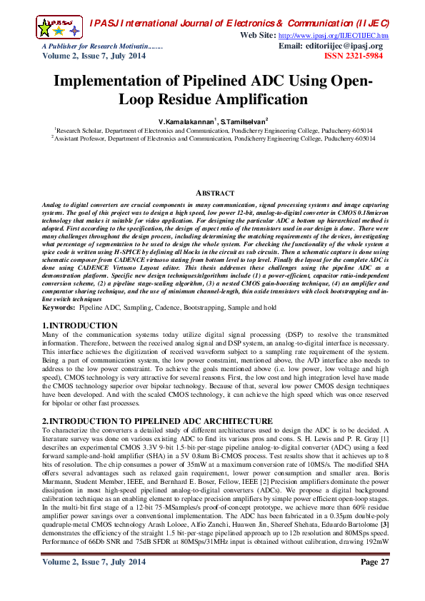 Pdf Implementation Of Pipelined Adc Using Open Loop Residue 2802