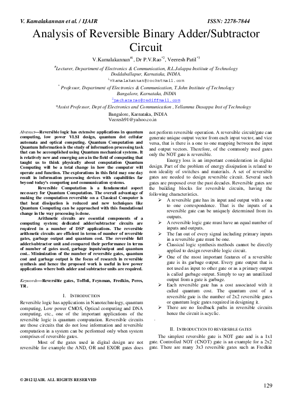 (PDF) Analysis of Reversible Binary Adder/Subtractor Circuit