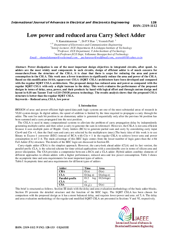 (PDF) Low power and reduced area Carry Select Adder