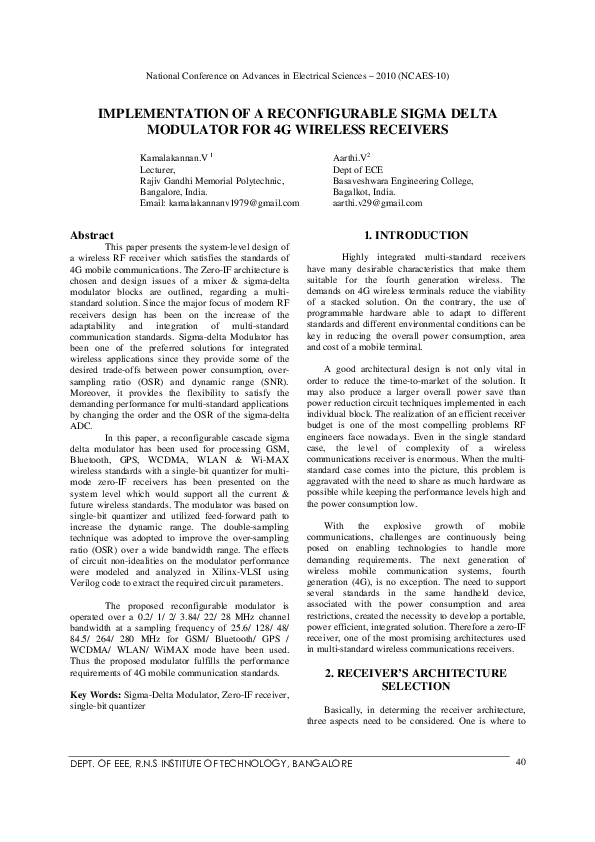Pdf Implementation Of A Reconfigurable Sigma Delta Modulator For 4g Wireless Receivers