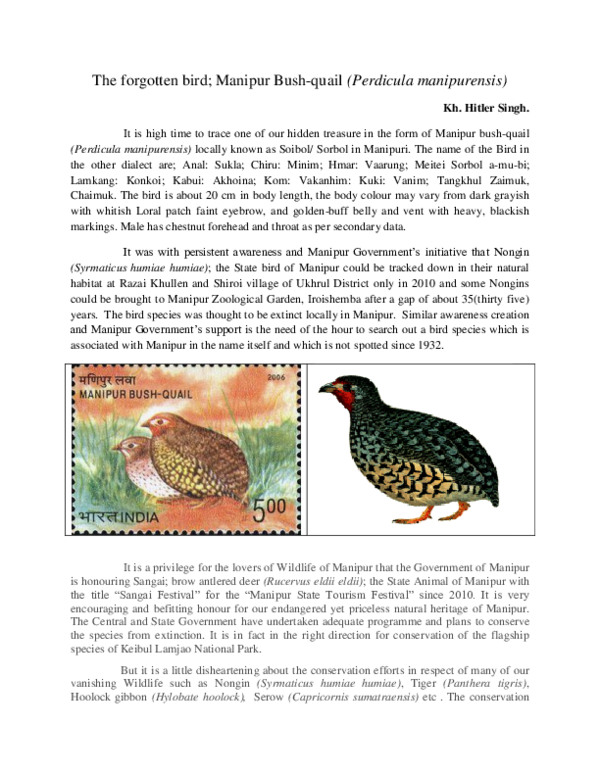 (DOC) Manipur Bush Quail (The forgotten bird of Manipur)
