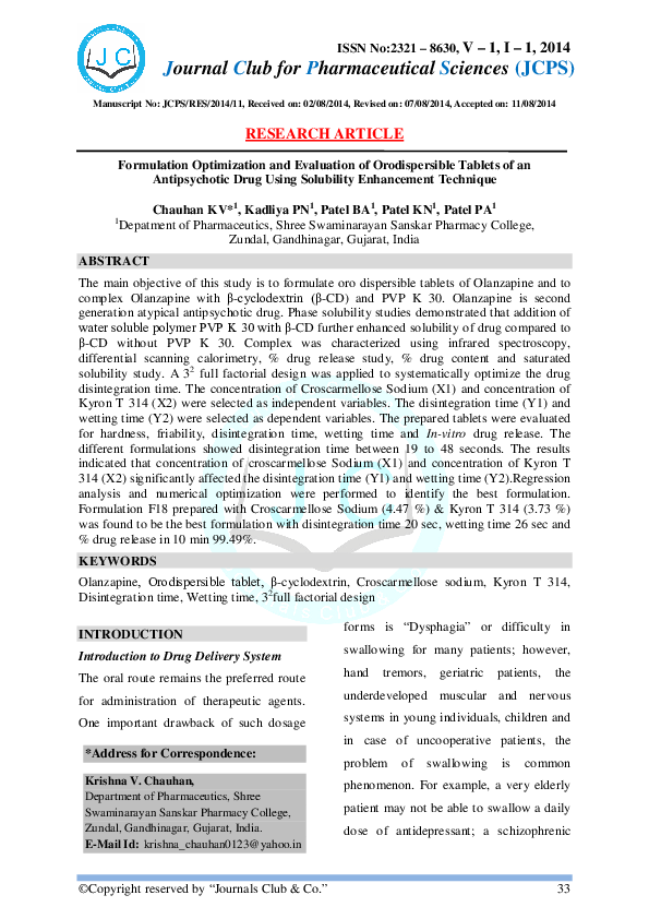 Pdf Formulation Optimization And Evaluation Of Orodispersible Tablets Of An Antipsychotic Drug