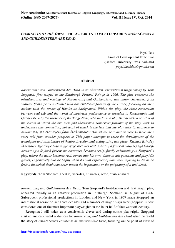 (DOC) An Analysis upon Tom Stoppard's "Rosencrantz and Guildenstern are ...