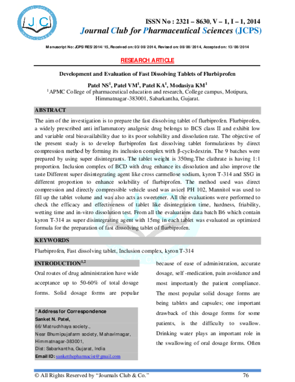 Pdf Development And Evaluation Of Fast Dissolving Tablets Of Flurbiprofen