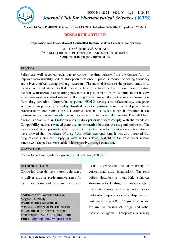 (PDF) Preparation and Evaluation of Controlled Release Matrix Pellets ...
