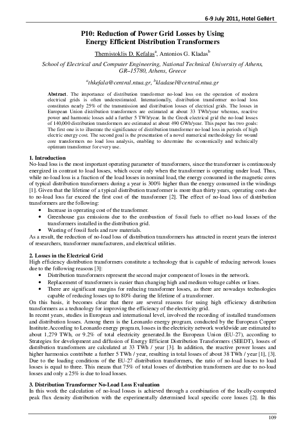 (PDF) Reduction of power grid losses by using energy efficient distribution transformers