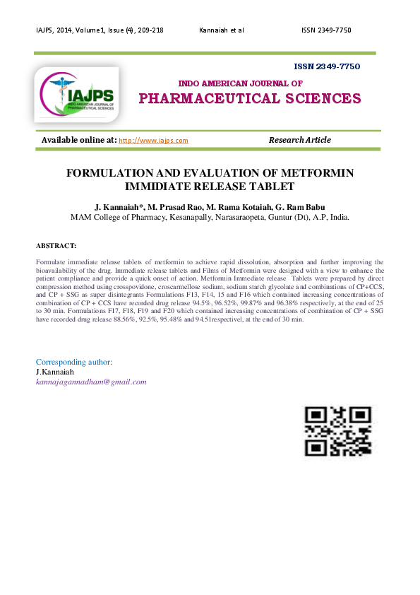 Formulation And Evaluation Of Metformin Immidiate Release Tablet