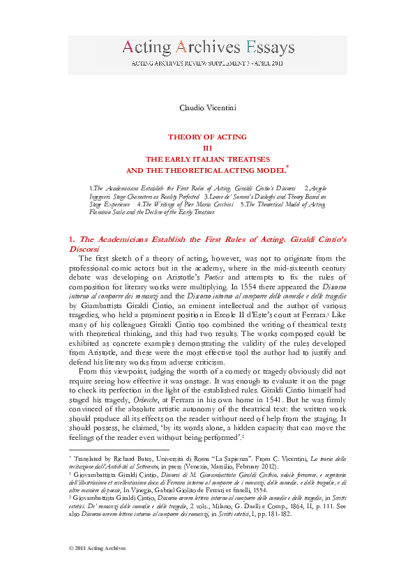 (PDF) The Sixteenth Century Treatises on Acting. Theory of Acting III