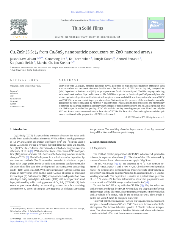 (PDF) Cu 2 ZnSn(S,Se) 4 from Cu x SnS y nanoparticle precursors on ZnO ...