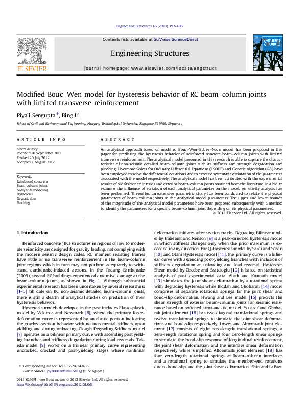 (PDF) Modified Bouc–Wen model for hysteresis behavior of RC beam–column joints with limited ...