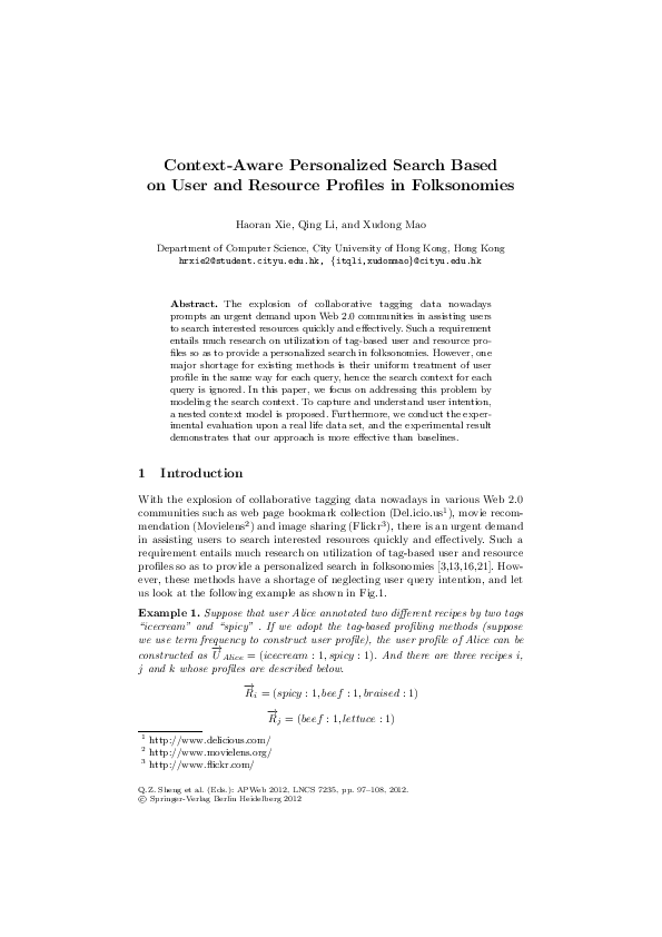 (PDF) Context-Aware Personalized Search Based on User and Resource Profiles in Folksonomies