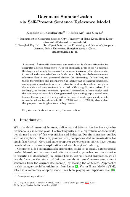 (PDF) Document Summarization via Self-Present Sentence Relevance Model