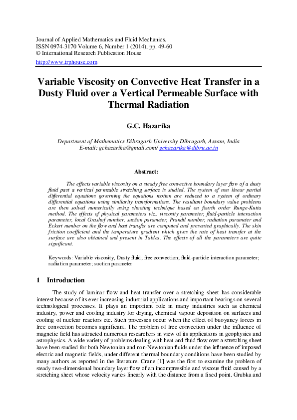 Variable Viscosity On Convective Heat Transfer In A Dusty Fluid Over A Vertical Permeable