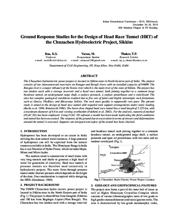 (PDF) Ground Response Studies for the Design of Head RaceTunnel (HRT) of the Chuzachen ...