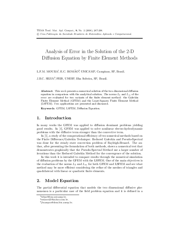 Pdf Analysis Of Error In The Solution Of The Two Dimensional Diffusion Equation By Finite