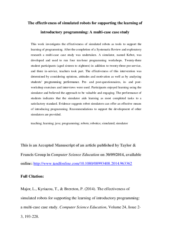 Pdf The Effectiveness Of Simulated Robots For Supporting The Learning