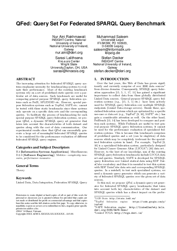 (PDF) QFed: Query Set For Federated SPARQL Query Benchmark