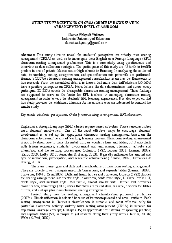(DOC) Students' Perceptions on Orderly Rows Seating Arrangement in EFL ...