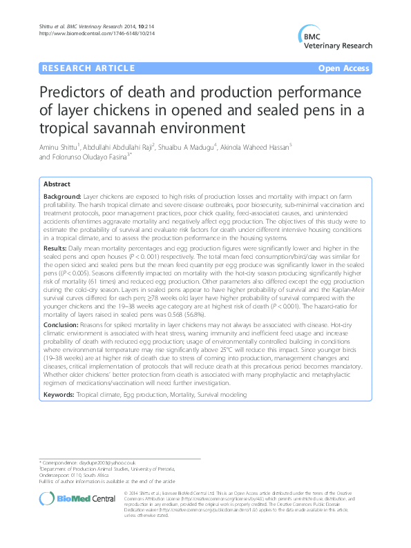 (PDF) Predictors of death and production performance of layer chickens ...