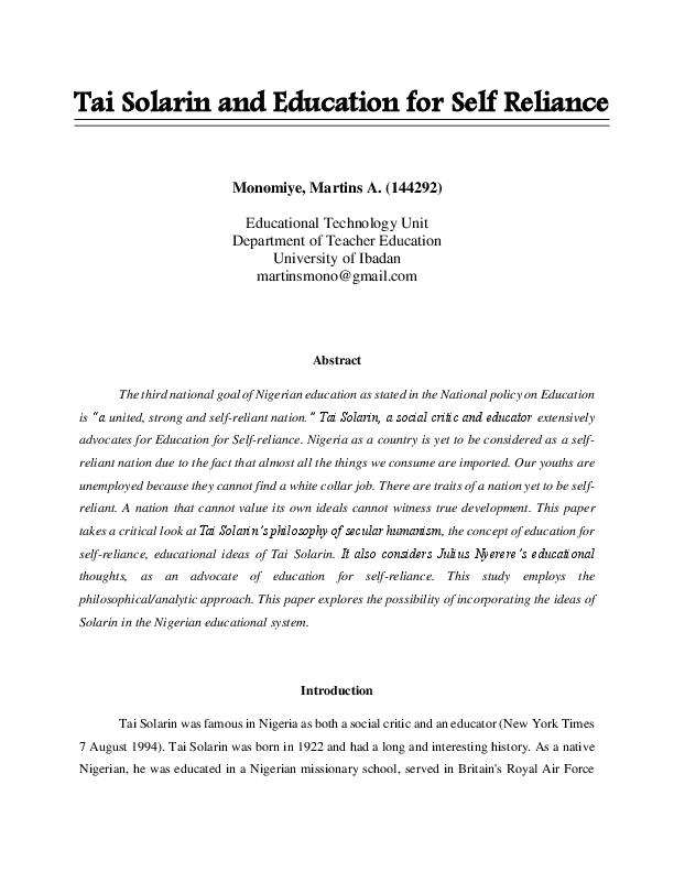 (PDF) Tai Solarin and Education for Self Reliance