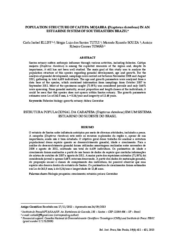 (PDF) POPULATION STRUCTURE OF CAITIPA MOJARRA (Diapterus rhombeus) IN ...