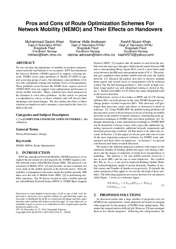 (PDF) Pros and Cons of Route Optimization Schemes For Network Mobility (NEMO) and Their Effects ...
