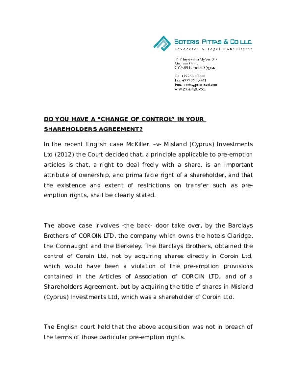 (DOC) DO YOU HAVE A “CHANGE OF CONTROL” IN YOUR SHAREHOLDERS AGREEMENT?