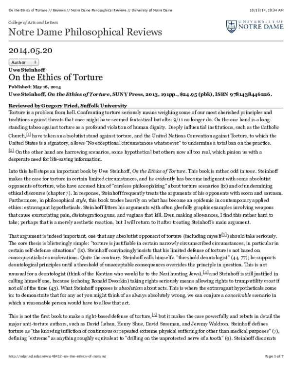 (PDF) Review of Uwe Steinhoff's "On the Ethics of Torture"