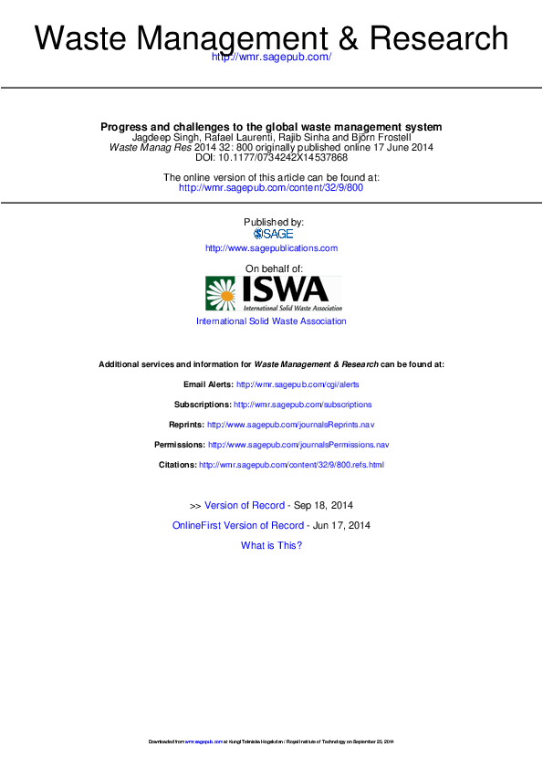 (PDF) Progress and challenges to the global waste management system