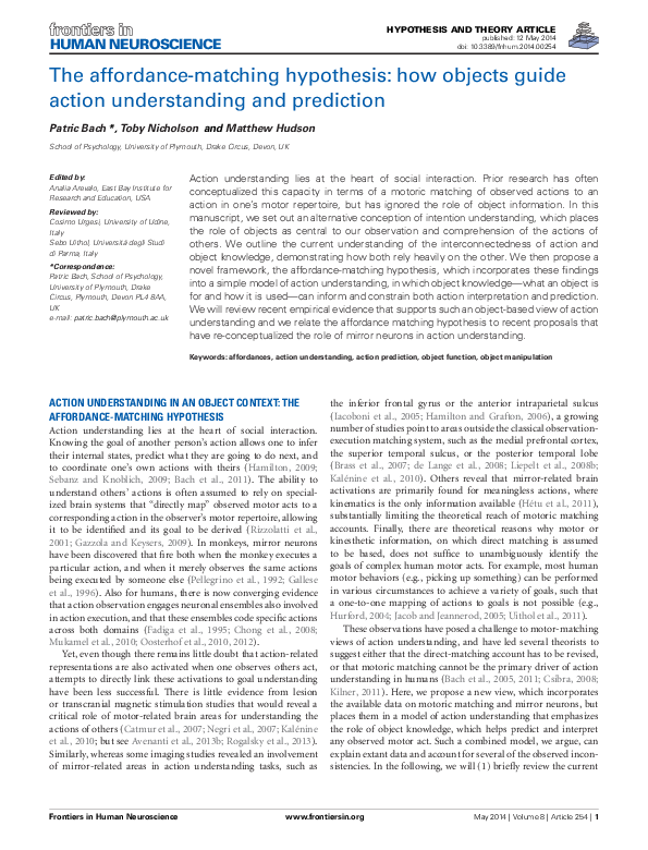 (PDF) The affordance-matching hypothesis: how objects guide action ...