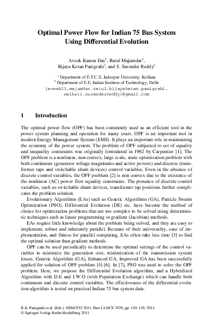 (PDF) Optimal Power Flow for Indian 75 Bus System Using Differential Evolution