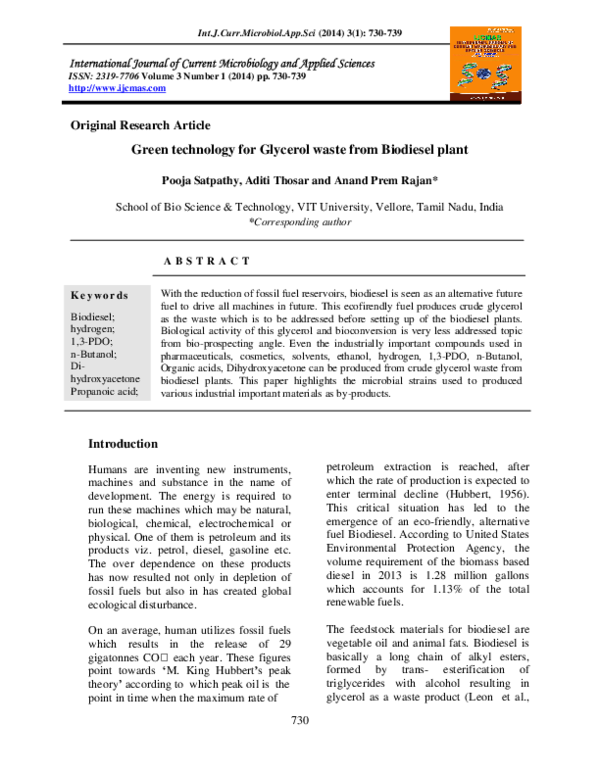 (PDF) Original Research Article Green technology for Glycerol waste ...