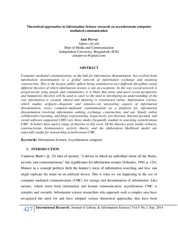 (PDF) Theoretical approaches in Information Science research on asynchronous computer mediated ...