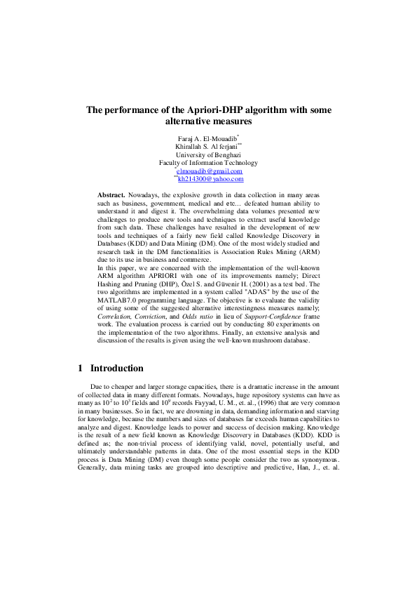 (PDF) The performance of the Apriori-DHP algorithm with some alternative measures