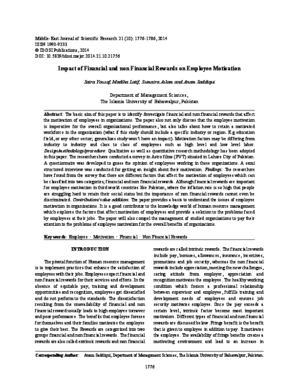 (PDF) Impact of Financial and non Financial Rewards on Employee Motivation