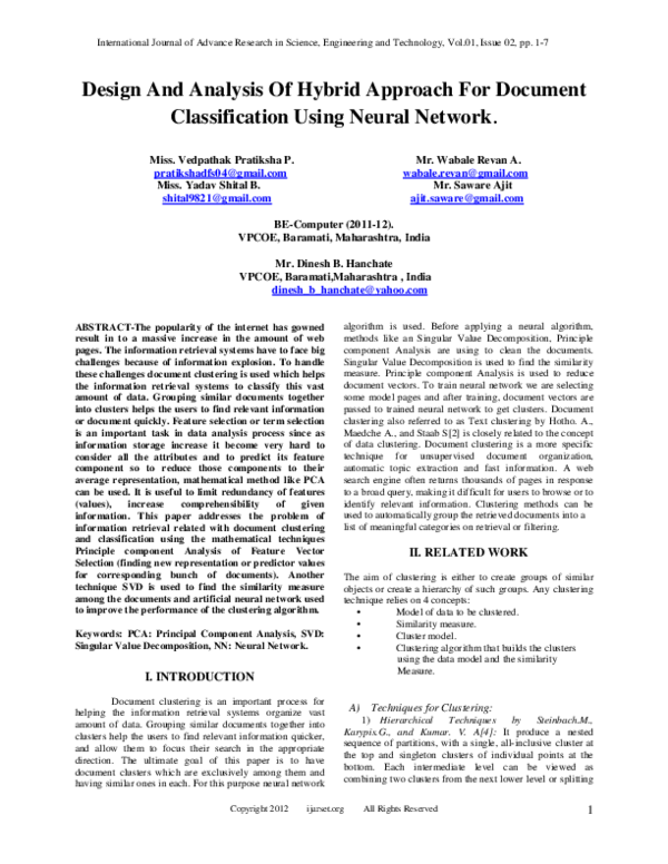 (PDF) Design And Analysis Of Hybrid Approach For Document Classification Using Neural Network.