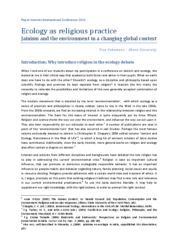 (PDF) Ecology as religious practice: Jainism and the environment in a ...