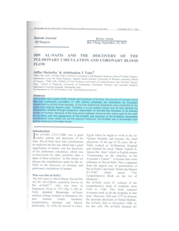 (PDF) IBN AL-NAFIS AND THE DISCOVERY OF THE PULMONARY CIRCULATION AND ...