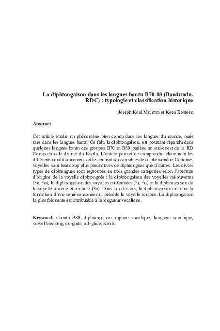 (PDF) Koni Muluwa, J. and Bostoen, K. 2012. La diphtongaison dans les ...