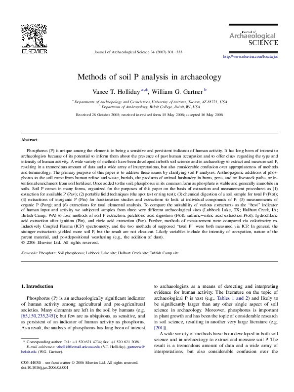 Methods of soil P analysis in archaeology