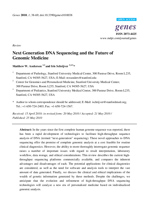 (PDF) Next Generation DNA Sequencing and the Future of Genomic Medicine