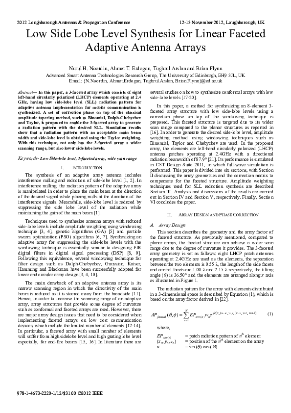 Pdf Low Side Lobe Level Synthesis For Linear Faceted Adaptive Antenna Arrays