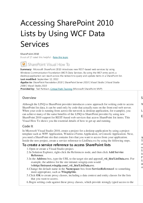 (DOC) Accessing Share Point 2010 Lists by Using WCF Data Services